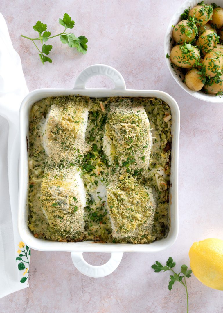 Fiskefad med torsk og porrer - opskrift på torsk i fad